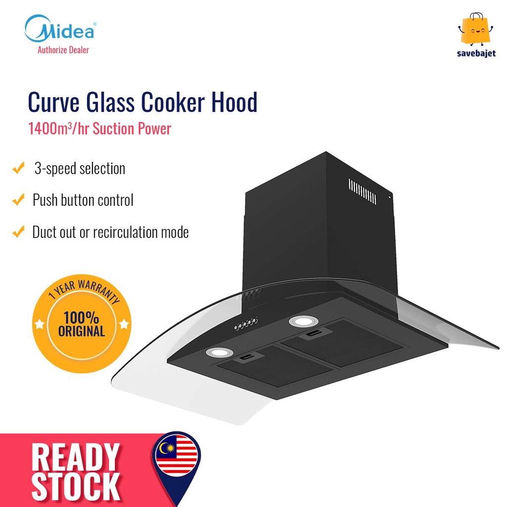 Midea Hud Dapur Kaca Melengkung - Cooker Hood Curve Glass (90cm/1400m³ ...