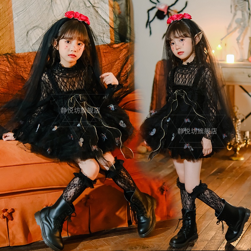 Ghost Bride Lace Black Dress For Kids Girl Halloween Horror Vampire ...