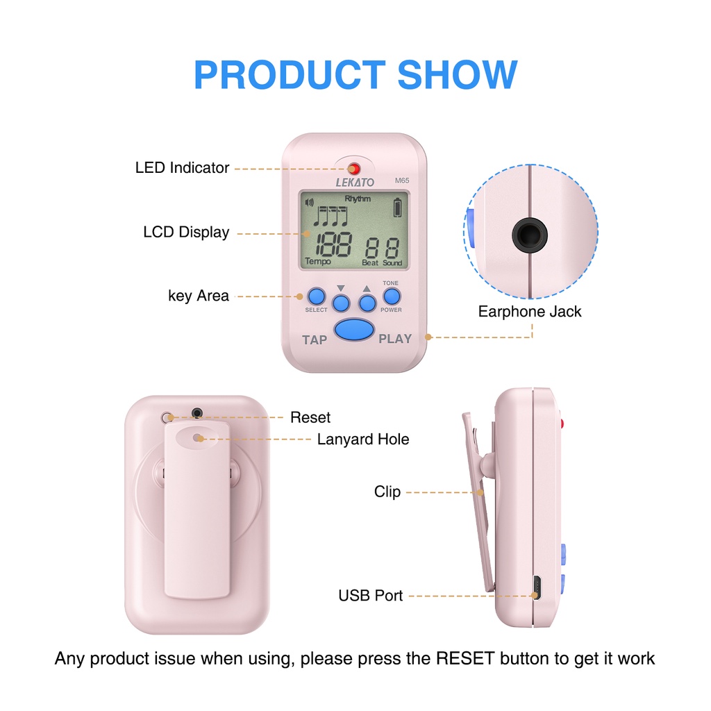 LEKATO Digital Metronome Rechargeable LCD Clip On Electronic Metronome with Timer/Human Voice/10 ...