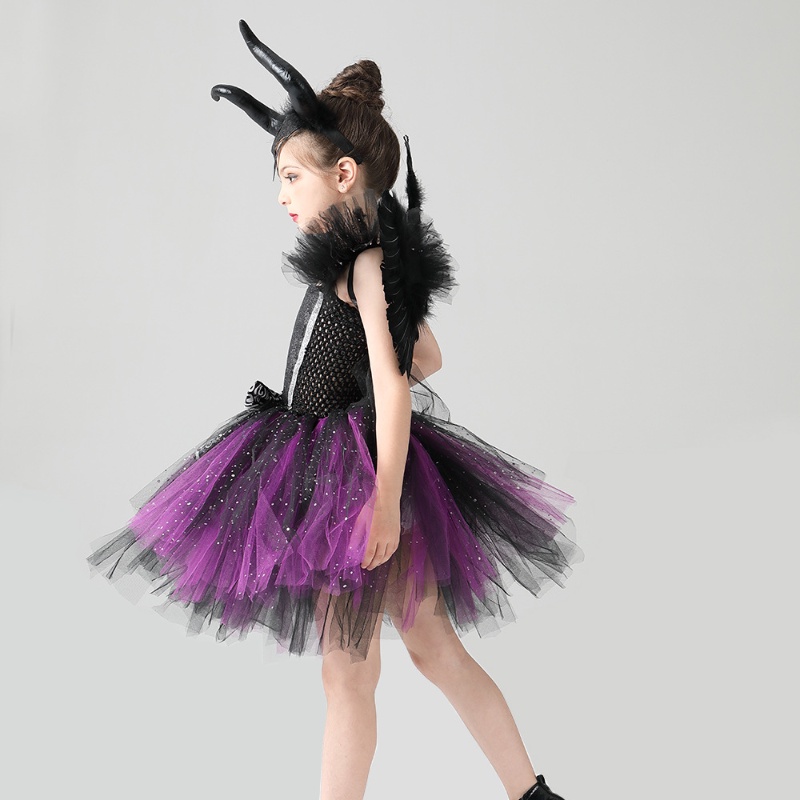 Girls Evil Queen Malefice Tutu Dress with Horns Wings Sparkly Girl ...