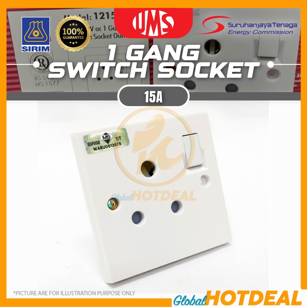 (1 PC) UMS 15A Switch Socket 250V AC 1 Gang Switched Socket Outlet ...
