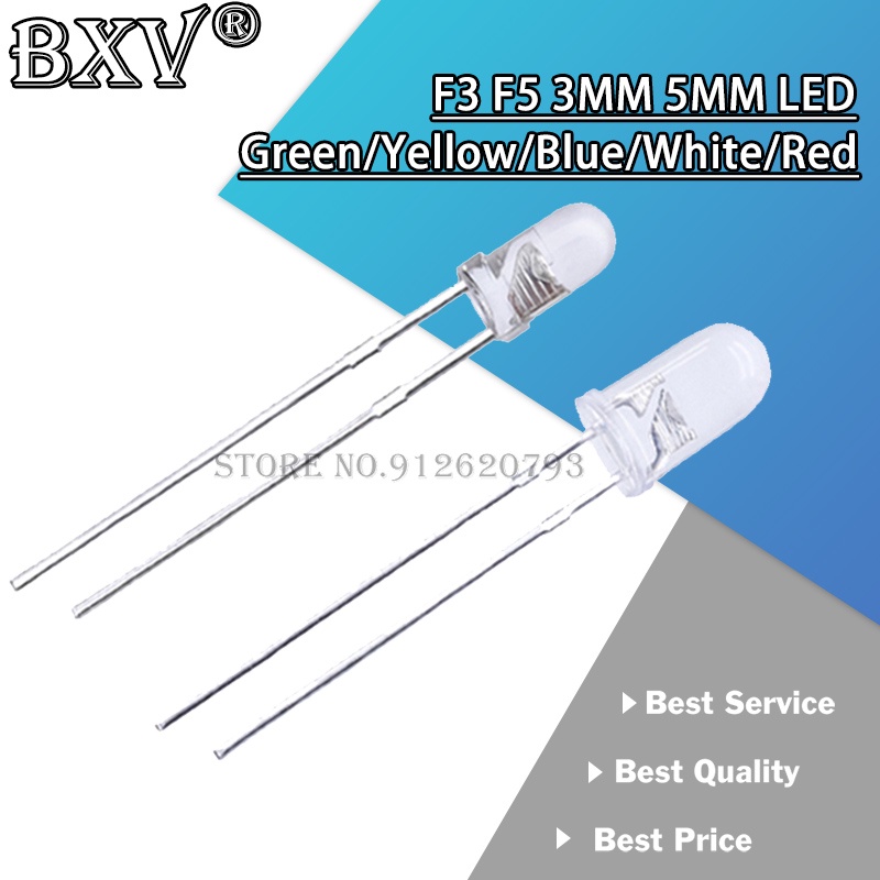 100PCS F3 F5 3MM 5MM Round Water Clear Green/Yellow/Blue/White/Red LED ...
