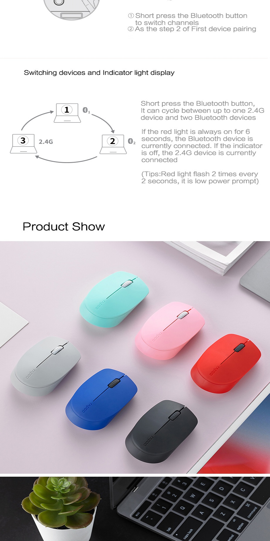 Rapoo M100 Silent Wireless Mouse with Bluetooth 3.0/4.0 RF 2.4G Mute ...