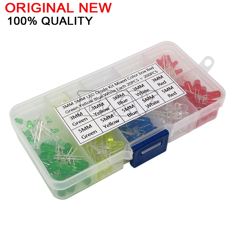 100PCS 3MM 5MM LED KIT Red Green Yellow Blue White F3 F5 Sample box ...