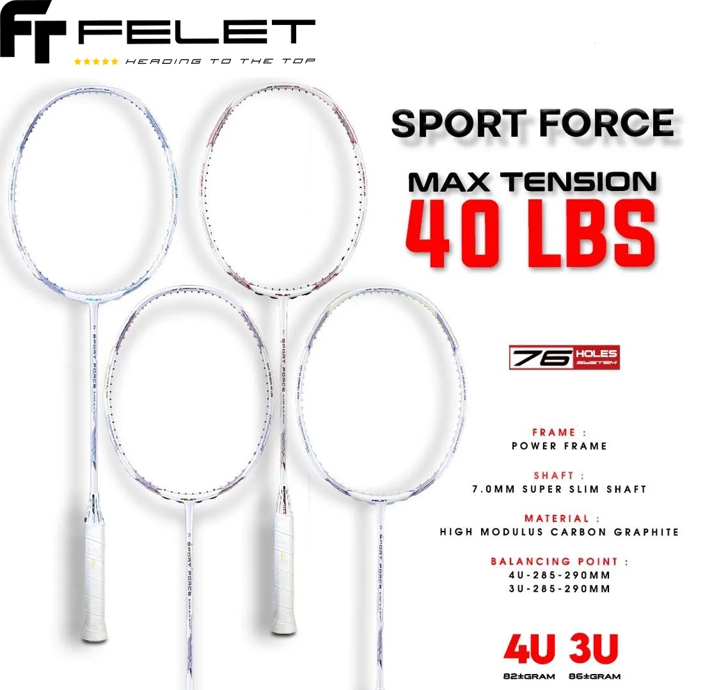 FELET Sport Force White Series Badminton Racket , 4U MAX TENSION 40LBS ...