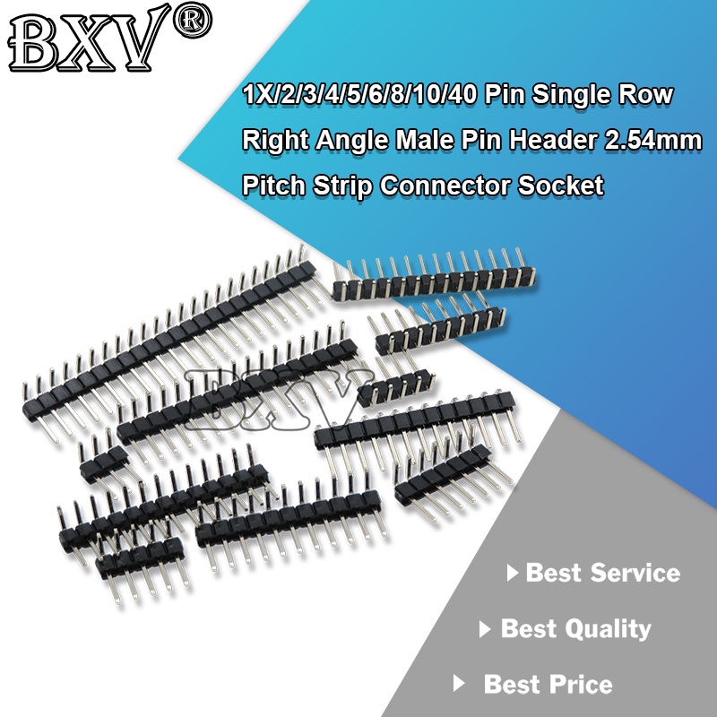 10PCS 2.54mm Pitch Strip Connector Socket 1X/2/3/4/5/6/8/10/40 Pin Single Row Right Angle Male ...