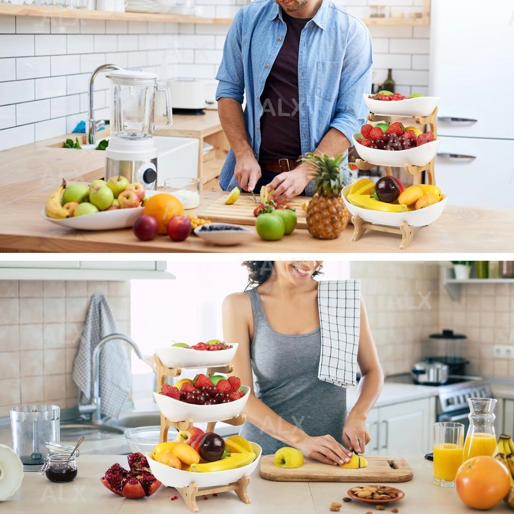 ALX 3 Layer Fruit Tray Oval Bowl wt Wooden Stand Multilayer Candy Dish ...