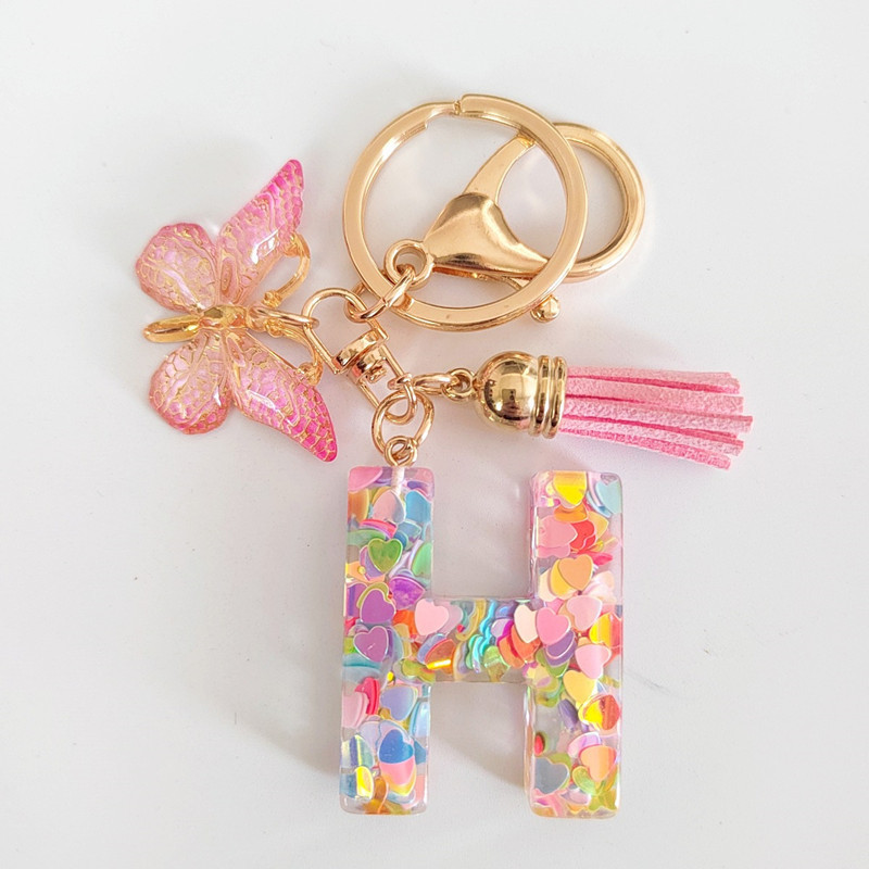 Pink Sequin Epoxy Letter Keychain Pendant with Butterfly Tassel ...