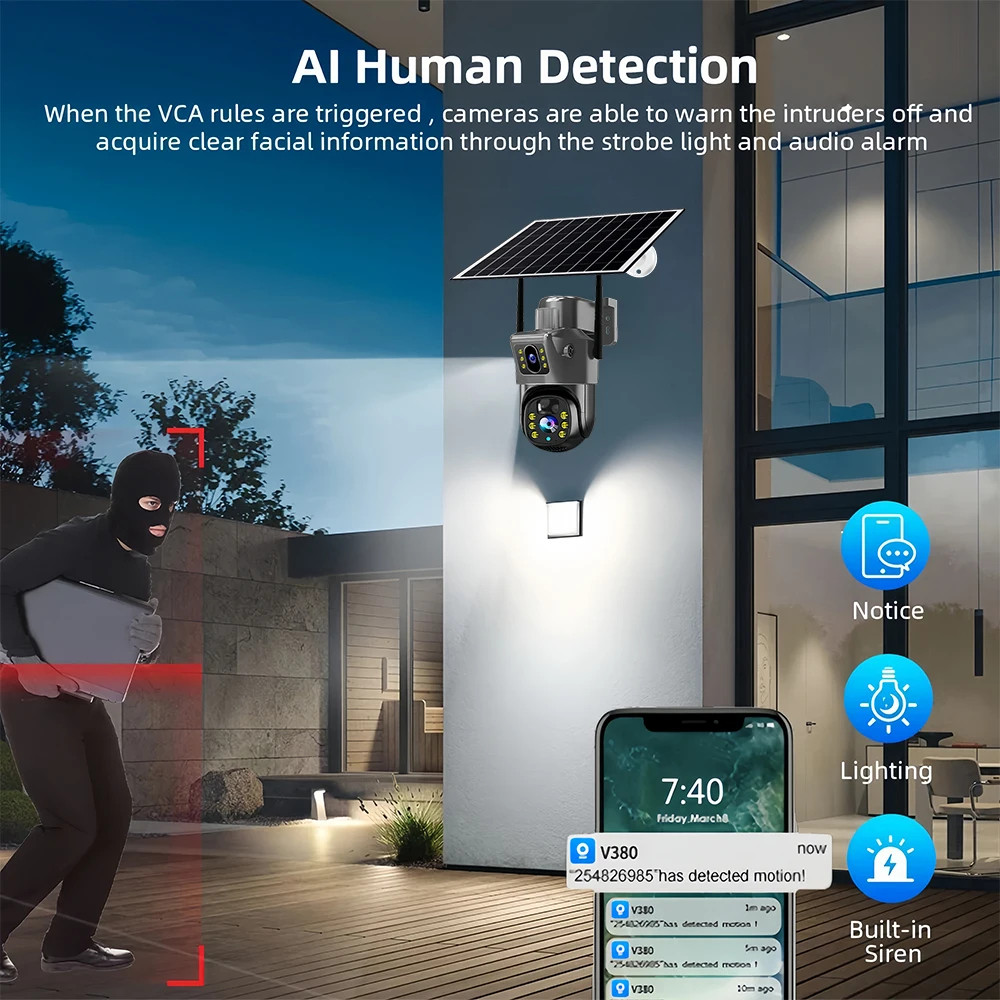 8MP Outdoor Solar Camera HD Night Vision Dual Lens WIFI IP CCTV Cameras ...