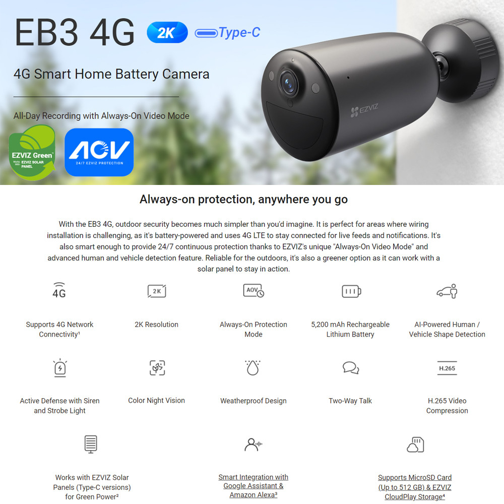 Ezviz EB3 4G LTE 3MP 2K Two Way Talk Color Night Vision Battery Powered ...