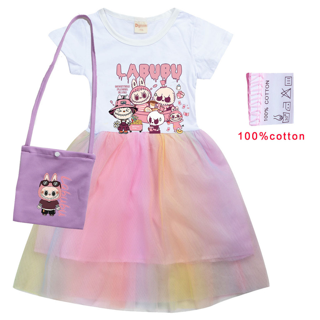 2pcs Zimomo Dress for Kids Girl Birthday Ootd Set Cute Labubu Pattern ...