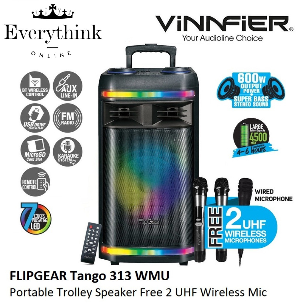 VINNFIER FLIPGEAR TANGO 313 WMU PORTABLE TROLLEY SPEAKER WITH FREE 2 UHF WIRELESS MIC AND REMOTE ...
