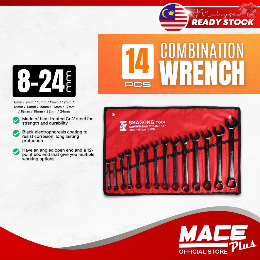 8PCS/14PCS 8-24mm Black Chrome Vanadium Combination Wrench Spanner Set Tools CRV Heavy Duty 6 ...