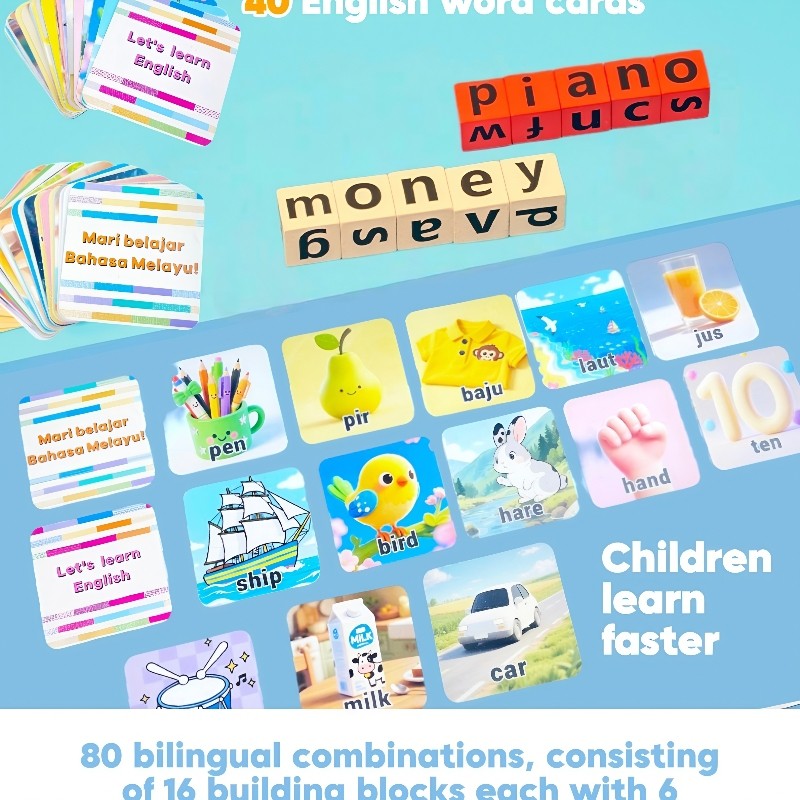 🔥Festival gifts🔥 kids English Malay combination Word Building Blocks ...
