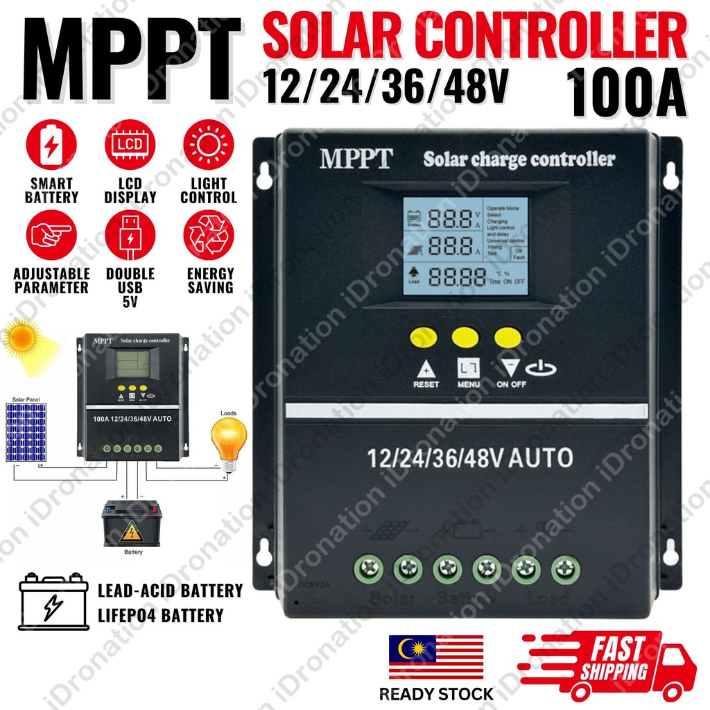 MPPT 100A Solar Charge Controller Power Regulator 12/24/36/48V Dual USB ...