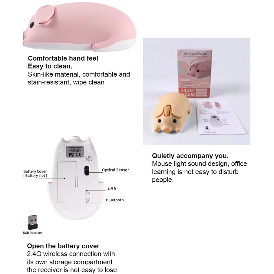 Ergonomics Piggy Wireless Mouse 2.4Ghz Receiver Bluetooth Battery Mice ...