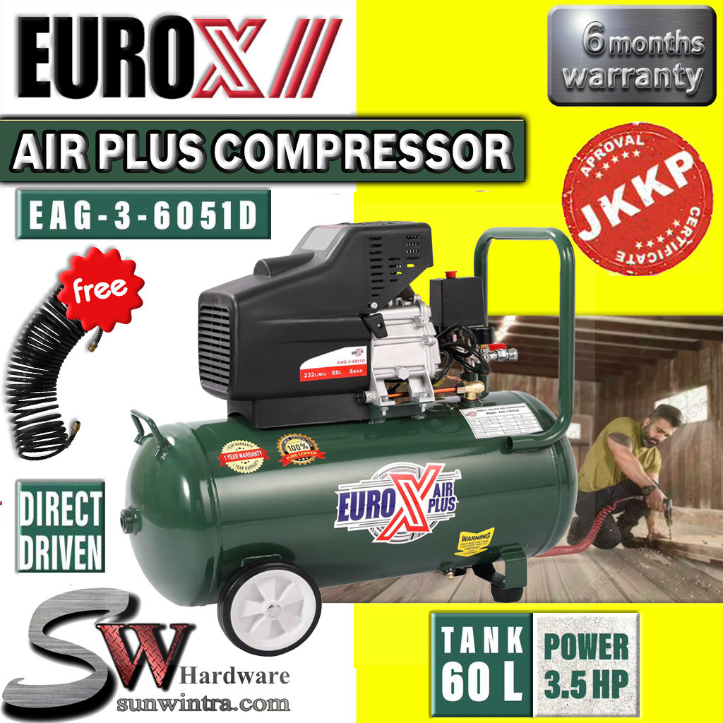 EUROX AIR PLUS AIR COMPRESSOR 3.5HP/60L /EAG-3-6051D - Heavy Duty with JKKP Cert | Shopee Malaysia