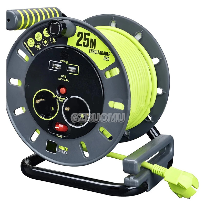 Retractable Extension Cord Camping Reel 25m Multi-Tap USB Power Indoor ...