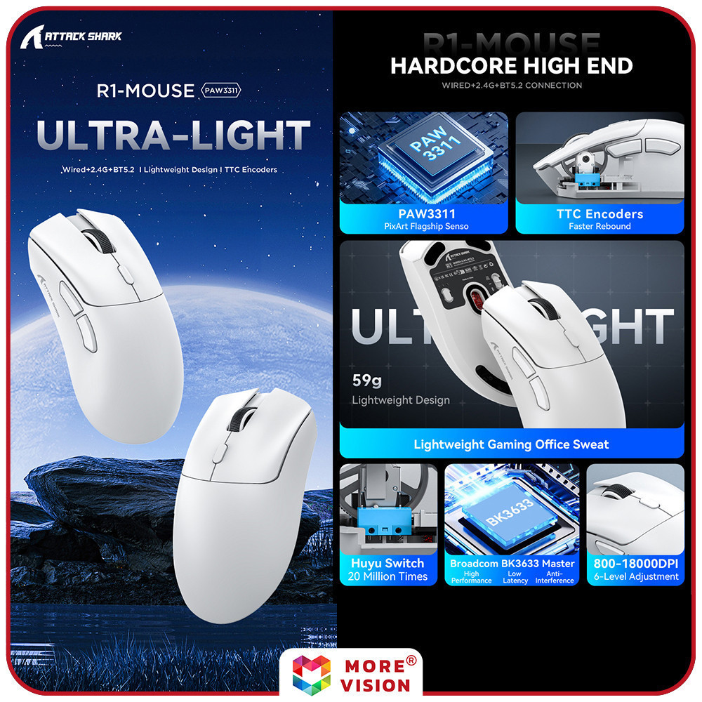 Attack Shark R1 Mouse Wireless 18000dpi Tri-mode Bluetooth USB 2.4G Cable 1000Hz PAW3311 Macro ...