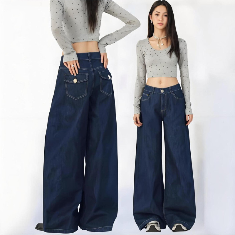 New Dark Blue Denim Pants American Original Color Low Waist Loose ...