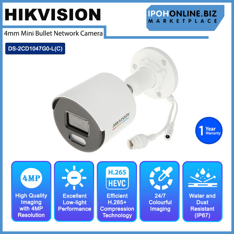 Hikvision DS-2CD1047G0-L(C) 4MP 4mm 24/7 Colorful IP67 ColorVu Fixed Mini Bullet Network Camera ...
