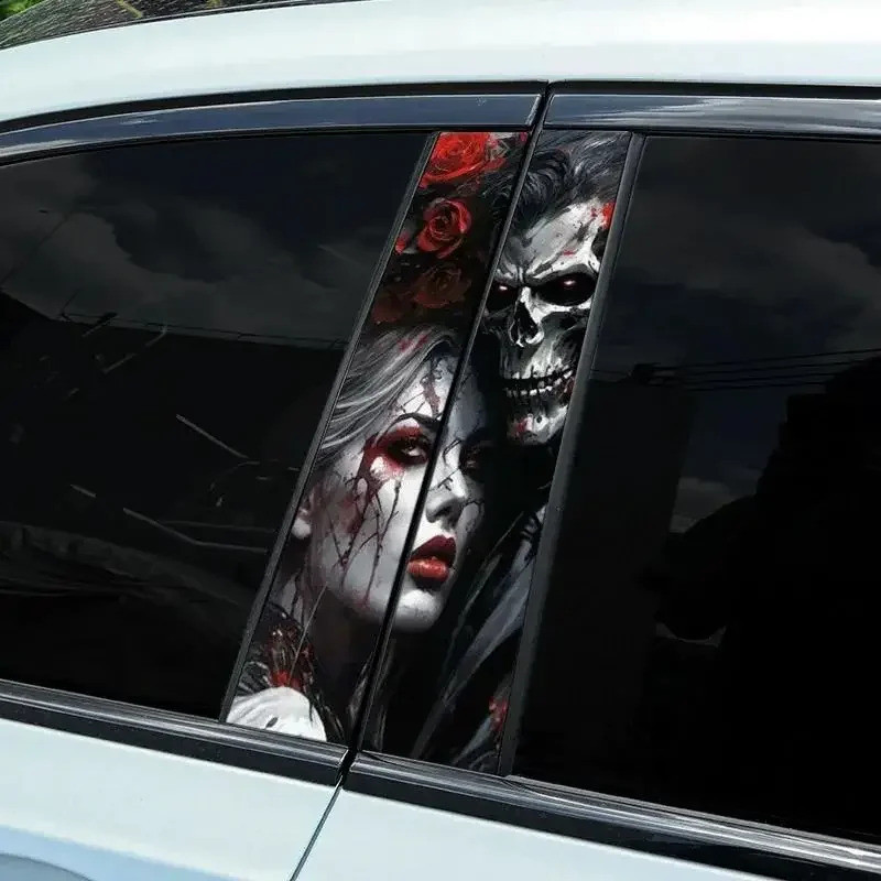 2 pieces Gothic skeleton couple car sticker, waterproof car B-pillar ...