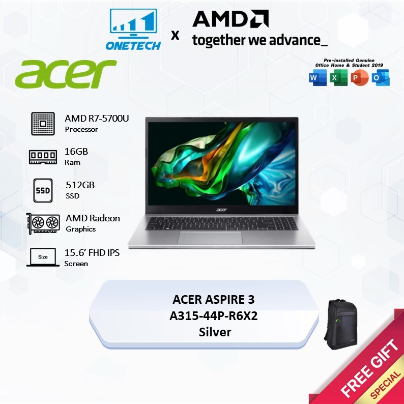 Acer Aspire 3 A315-44P-R6X2 Notebook-Silver(R7-5700U/16GB OB*/512GB NVME/15.6"FHD IPS/Radeon/W11 ...