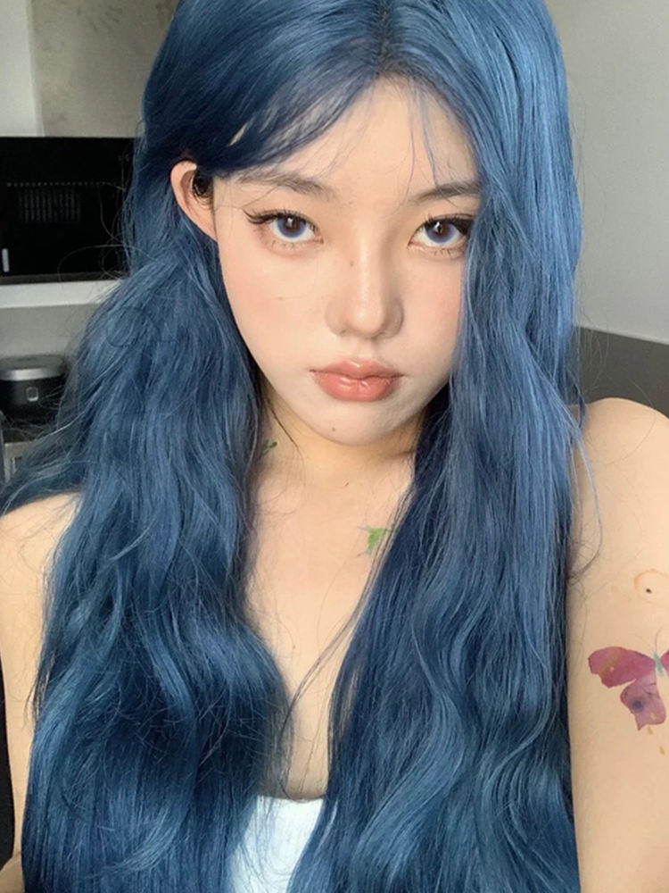 F Front Lace Lake Blue Rapunzel babyhair Lanugo Bangs Long Curly Hair ...