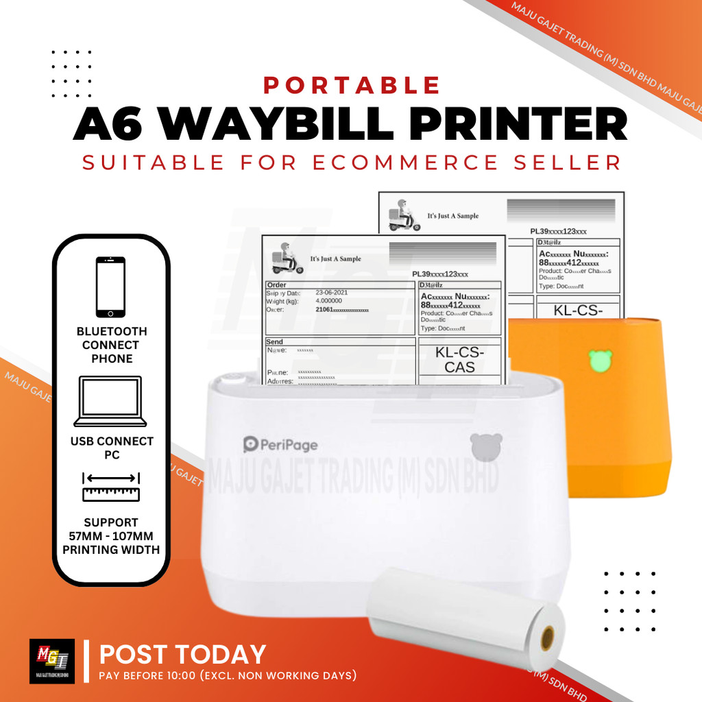 PERIPAGE Portable A6 Thermal Waybill Printer AWB Bluetooth Shipping ...
