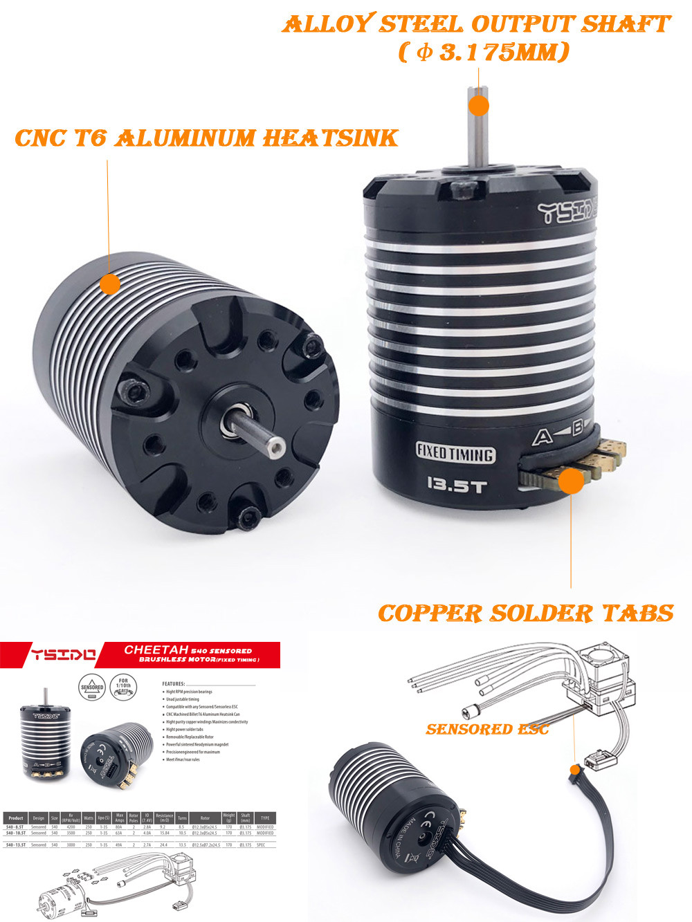 TIMEA 540 8.5T 10.5T 13.5T CHEETAH Sensored Brushless Motor Hobbywing 10BL120 ESC for Modified ...
