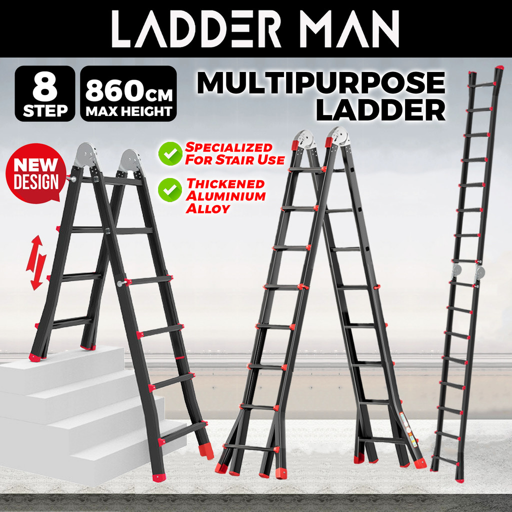 8 Step Black Transformable Telescopic Extendable Ladder Heavy Duty ...