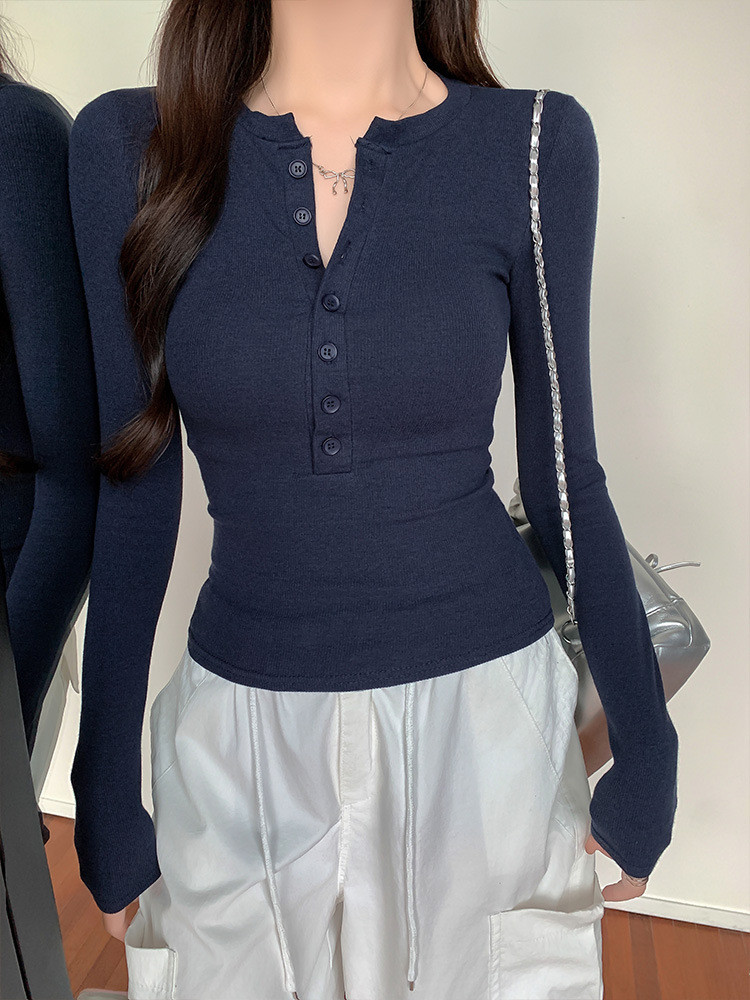 【WJZ】Women's Korean Fashion Solid Color Button Design Long Sleeve Knit ...
