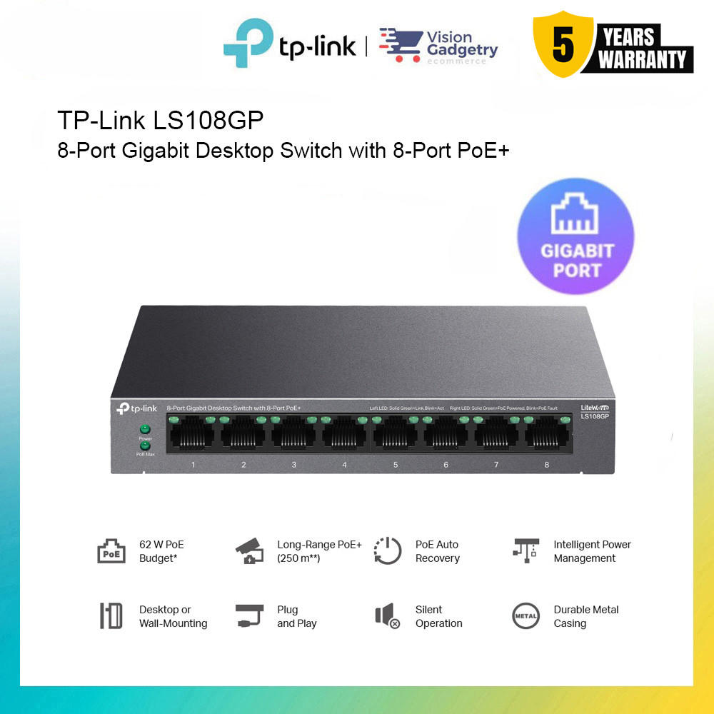 TP-Link LS108GP 8-Port Gigabit Desktop Switch with 8-Port PoE+ | Shopee ...