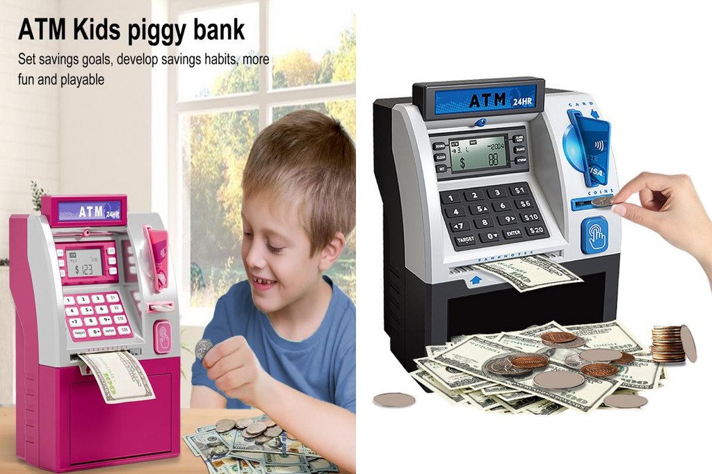 SF_ Educational Atm Toy Atm Machine with Card Kids Atm Piggy Bank Toy with Card Educational Coin ...