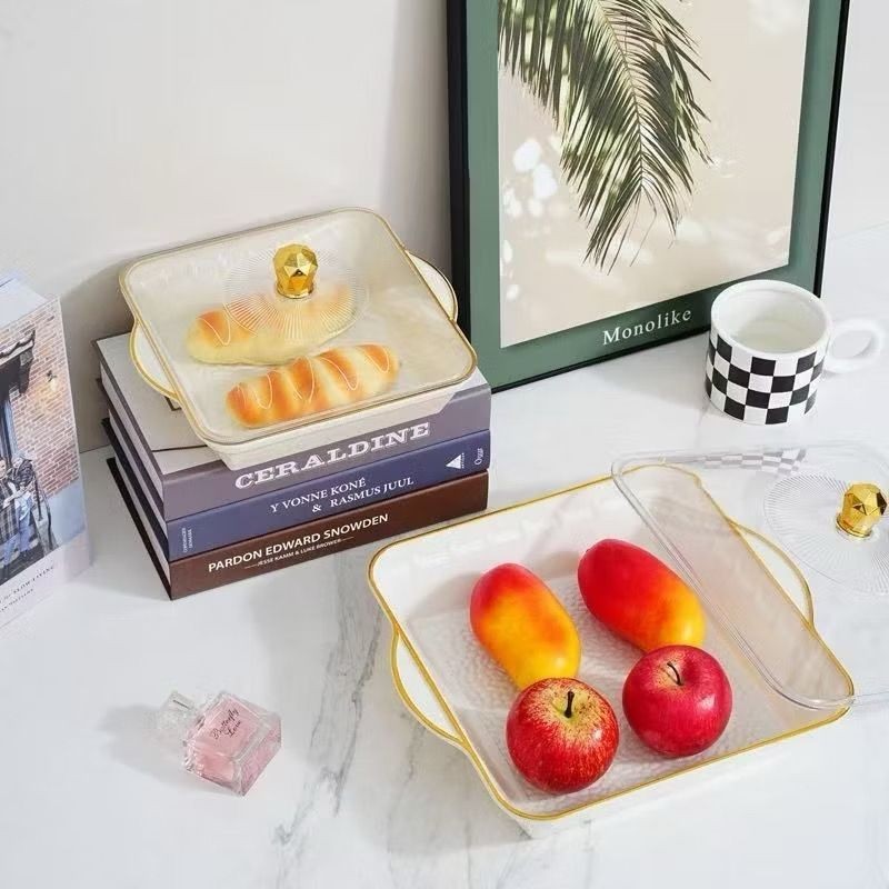 41053 SQUARE PLASTIC GOLDEN DOME AND GOLD EDGE TRANSPARENT FRUIT PLATE ...