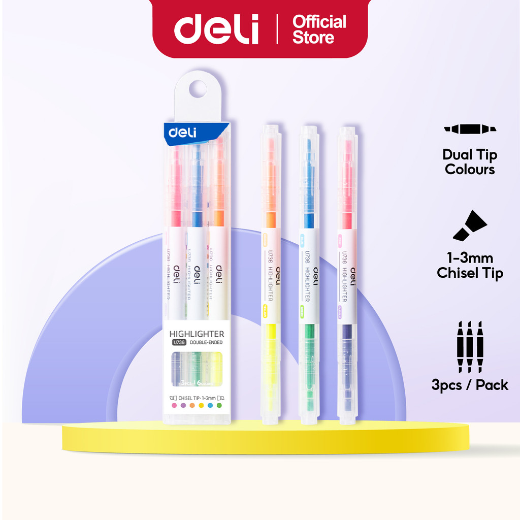 Deli Dual Tip Highlighter Set Textliner Pen Fluorescent Color School ...