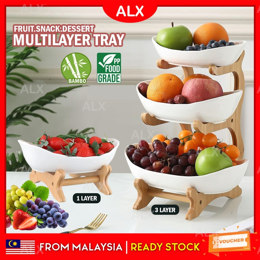 ALX 3 Layer Fruit Tray Oval Bowl wt Wooden Stand Multilayer Candy Dish ...