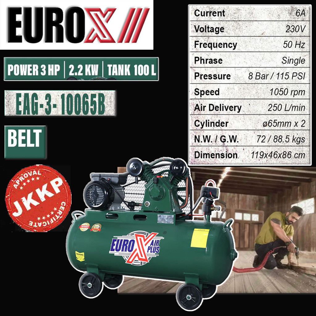 EUROX AIR PLUS AIR COMPRESSOR 3HP/100L /EAG-3-10065B - Heavy Duty with JKKP Cert | Shopee Malaysia