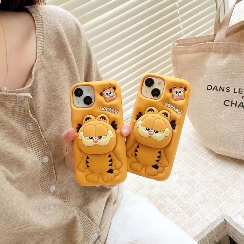 3D telescopic stand cartoon Garfield silicone phone case for iPhone 11 ...