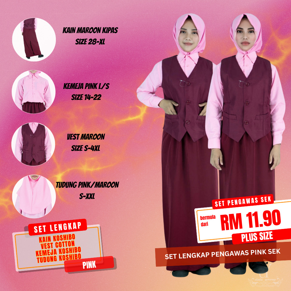 CY SET LENGKAP PENGAWAS SEKOLAH WARNA PINK/KAIN KIPAS MAROON/KEMEJA ...
