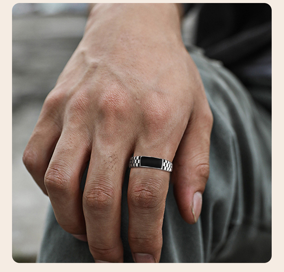 Vnox Classic Black Square Ring Checkered Adjustable Ring for Men ...