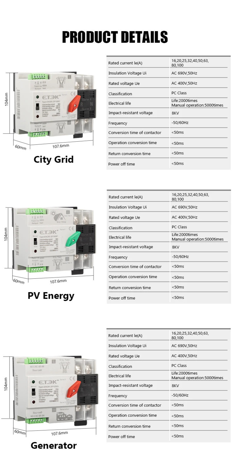 ETEC 2P 40A/63A/100A/125A 220V Mini ATS Automatic Transfer Switch ...