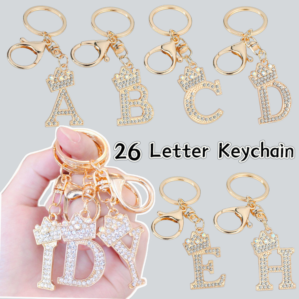 26 Letters Rhinestone Female Key Chain Charm Crystal Crown Metal ...