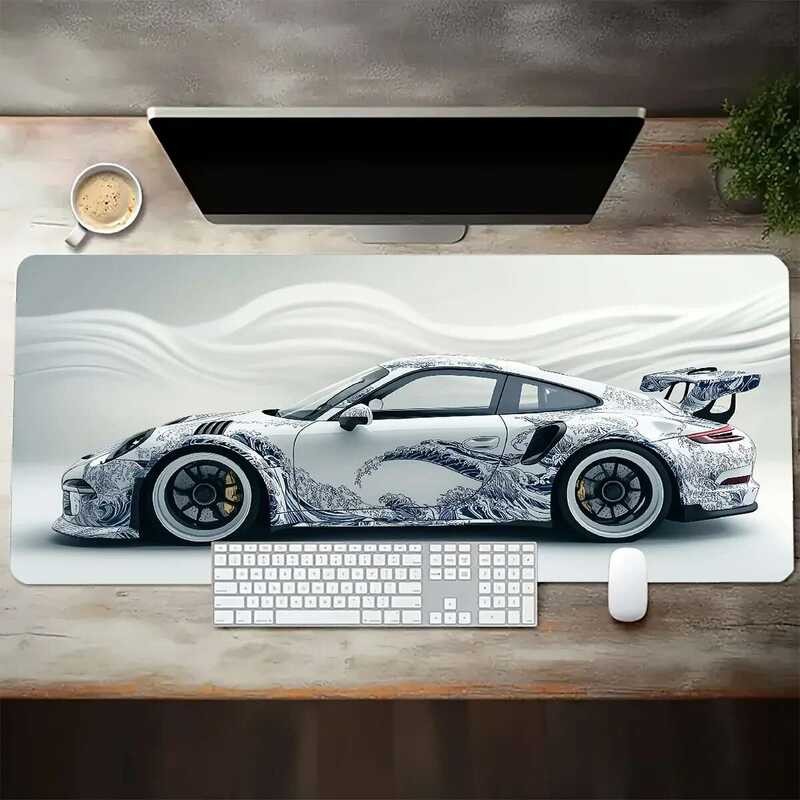 Large White Sports Car Design Gaming Mouse Pad Anti-Slip Rubber Base ...