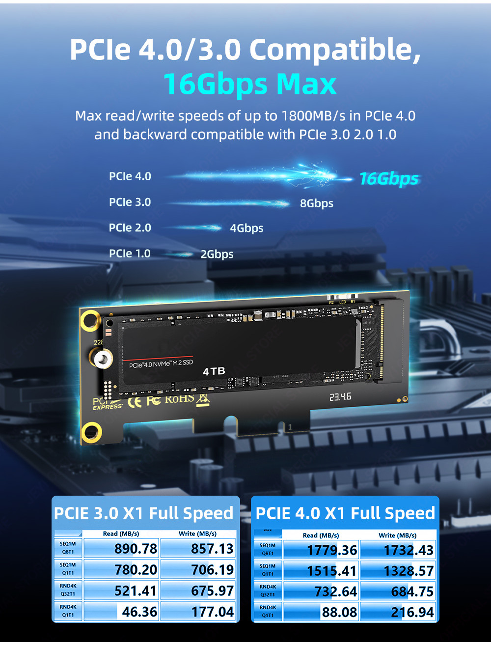 JEYI M.2 NVMe to PCIE X1/X4 Adapter —PCIe 3.0/4.0 M.2 PCIe Interface ...