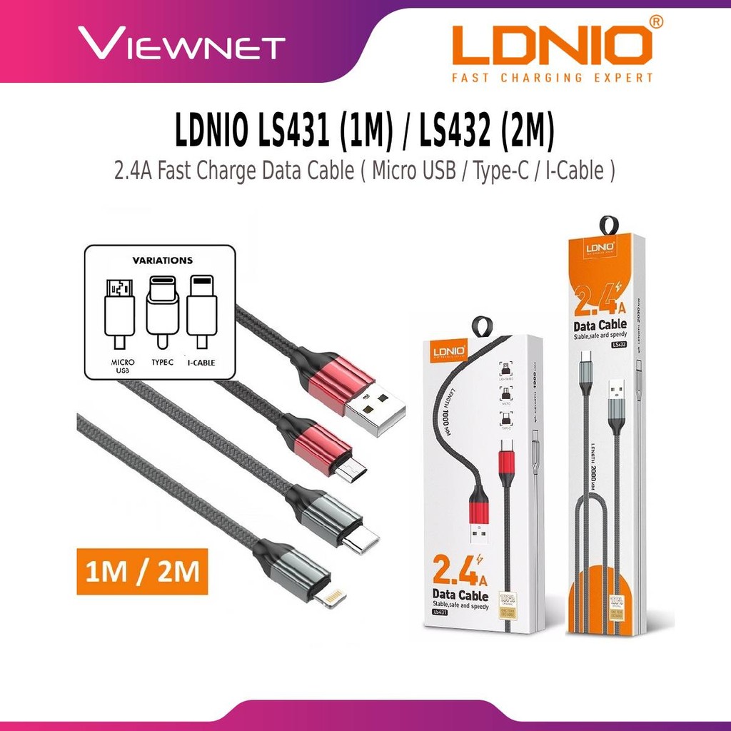 LDNIO LS431 (1 METER) / LS432 (2 METER) 2.4A MICRO USB / I-CABLE / TYPE-C USB-C FAST CHARGE ...