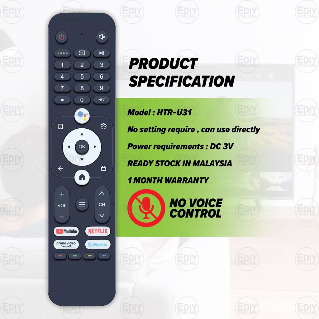 【𝐅𝐑𝐄𝐄 𝐁𝐀𝐓𝐓𝐄𝐑𝐘 𝐀𝐀𝐀𝐗𝟐】Smart TV Remote For HAIER HTR-U31 Netflix YouTube Android UHD LED H43K66UG ...