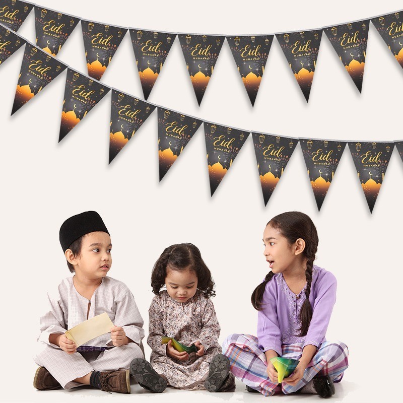 Ramadan Hanging Triangle Banner Moon Star Printed Paper Pull Flag Eid ...