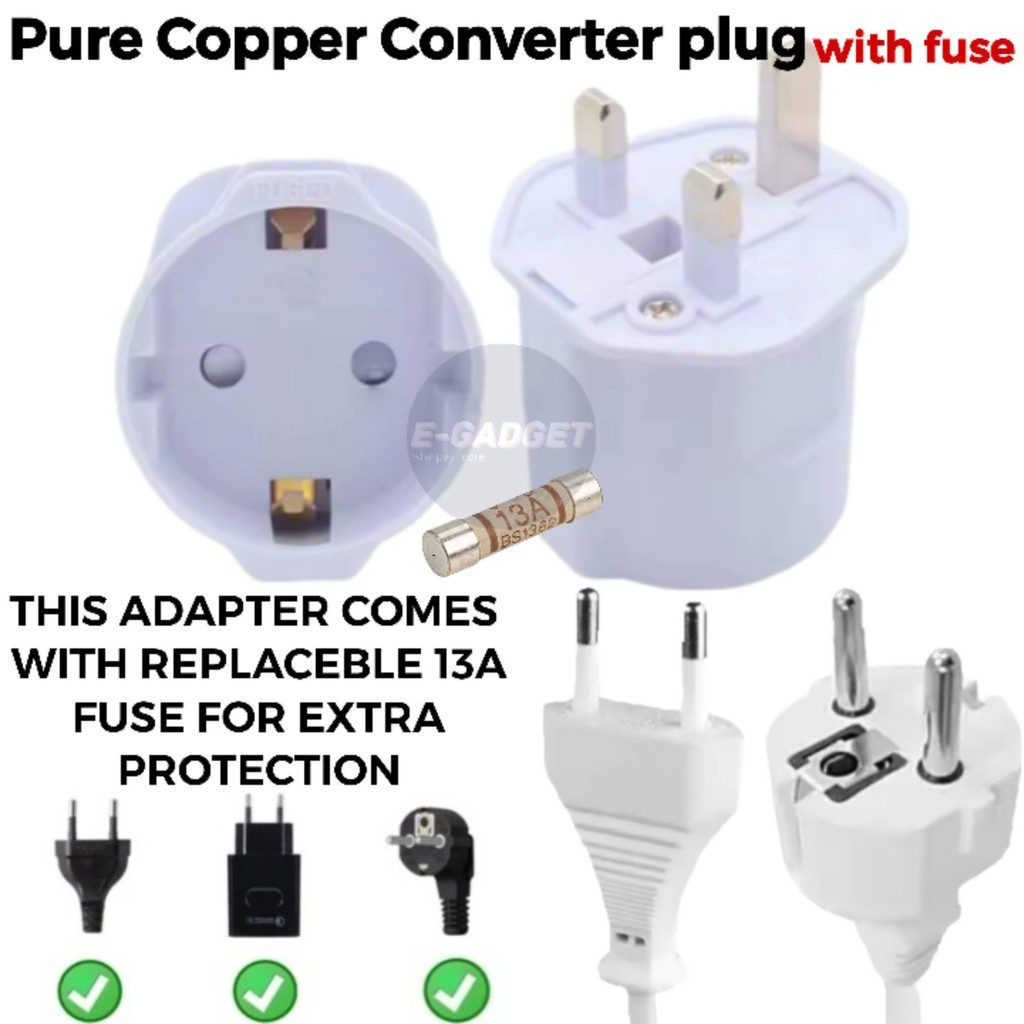 PURE COPPER EU US AU UK CONVERT PLUG WITH FUSED EURO US 2 PIN AU 2 PIN ...