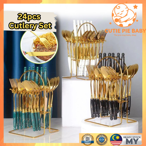 24 Pcs Cutlery Set With Gold Stand Holder Stainless Steel Spoon Fork ...